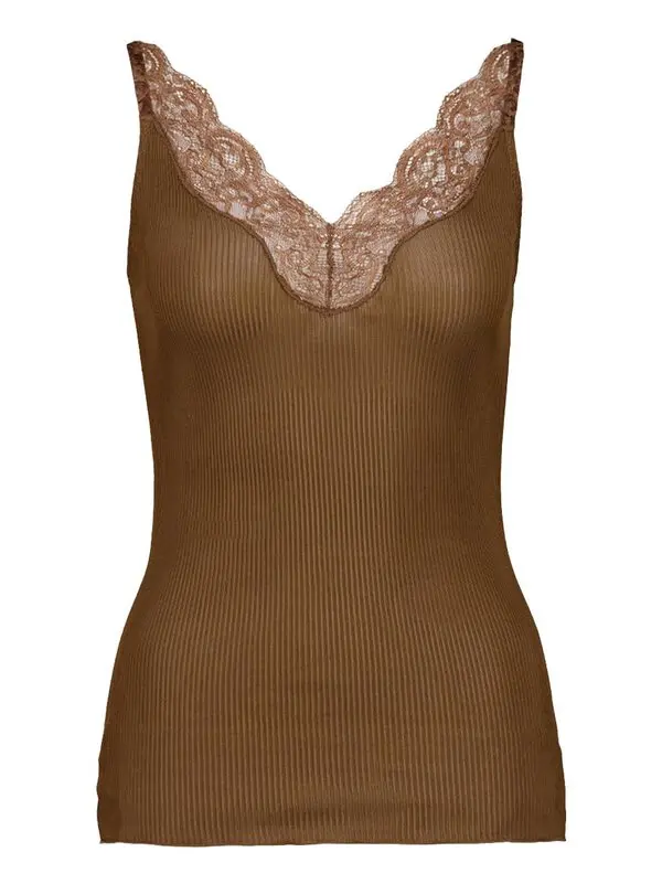 Saint Laurent Lace-trim Ribbed Silk Tank Top - Brown