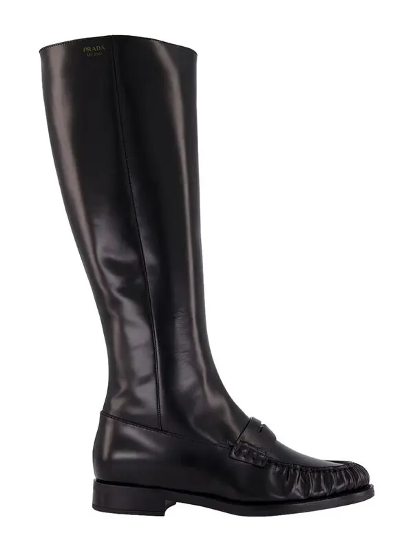 Prada Spazzolato Leather Knee-high Moccasin Boots - Brown