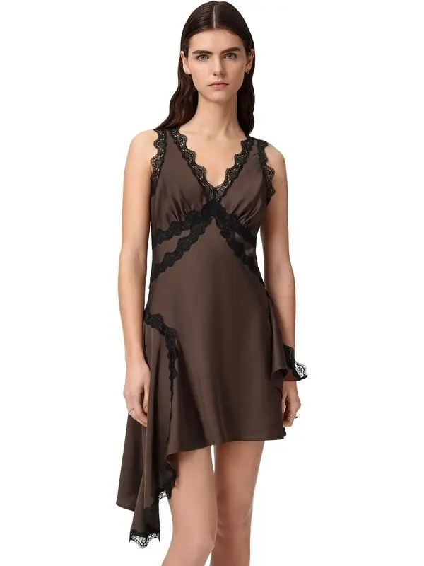 ALLSAINTS Ilka Asymmetric Lace Mini Dress - Brown