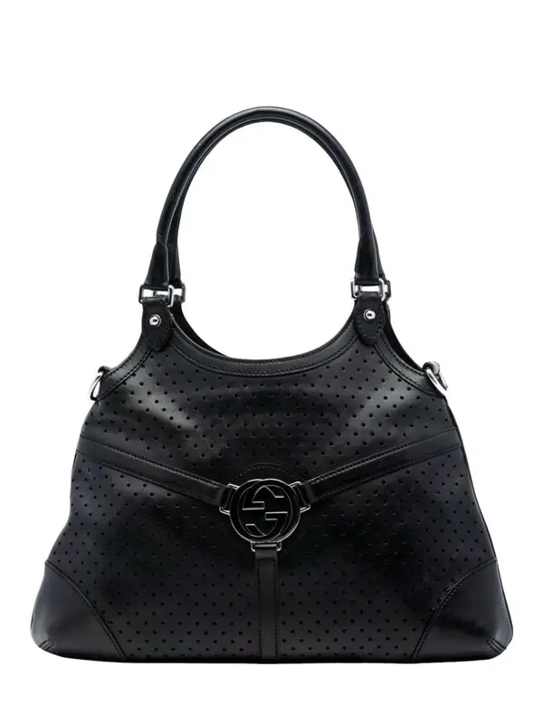 Gucci 2000-2015 Perforated Calfskin Interlocking G Reins Satchel - Black