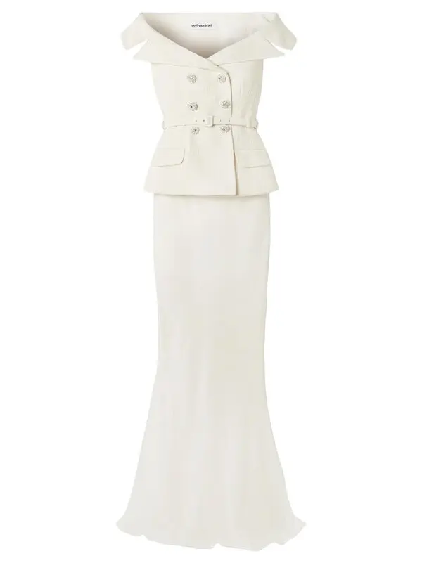 SELF-PORTRAIT Off-the-shoulder Belted Bouclé And Crepe Maxi Dress - Neutrals