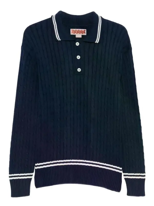 BARACUTA Striped Cable-knit Polo Shirt - Blue