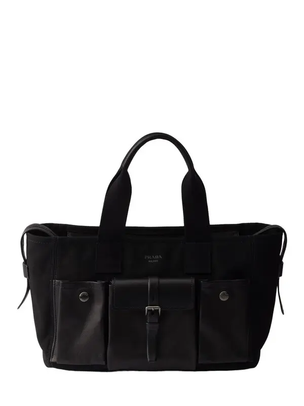 Prada Large Canvas And Leather Tote Bag - Black