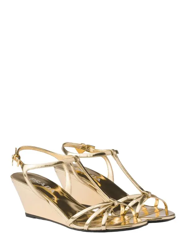 Prada Metallic Leather Wedge Sandals - Gold/silver
