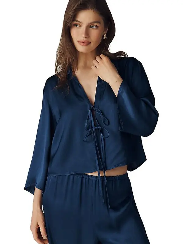 Maeve Long-sleeve Silky Tie-front Top - Navy Ink