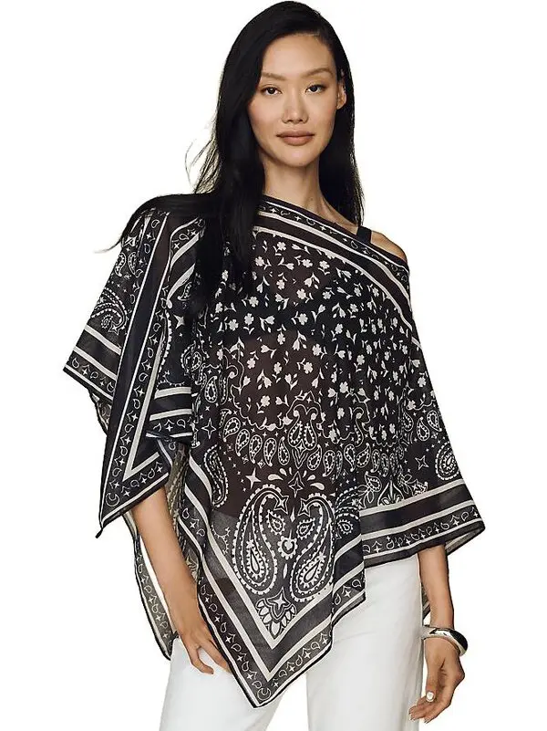 Anthropologie Printed Scarf Poncho Top - Black Pattern