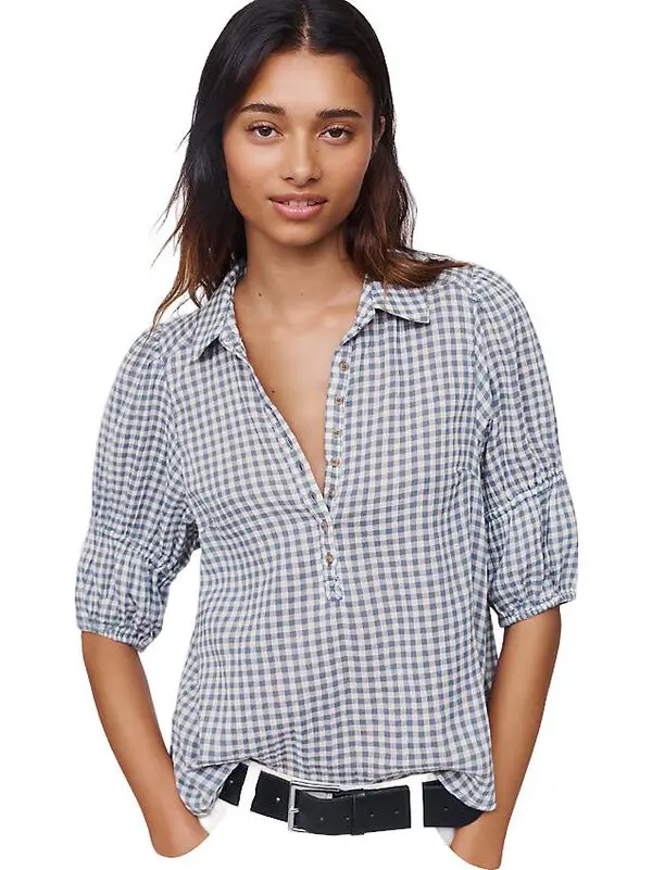 PILCRO Tallulah Puff Sleeve Buttondown Top - Grey Plaid