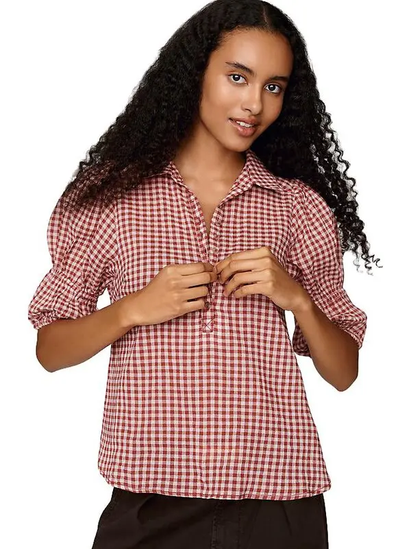 PILCRO Tallulah Puff Sleeve Buttondown Top - Red Plaid