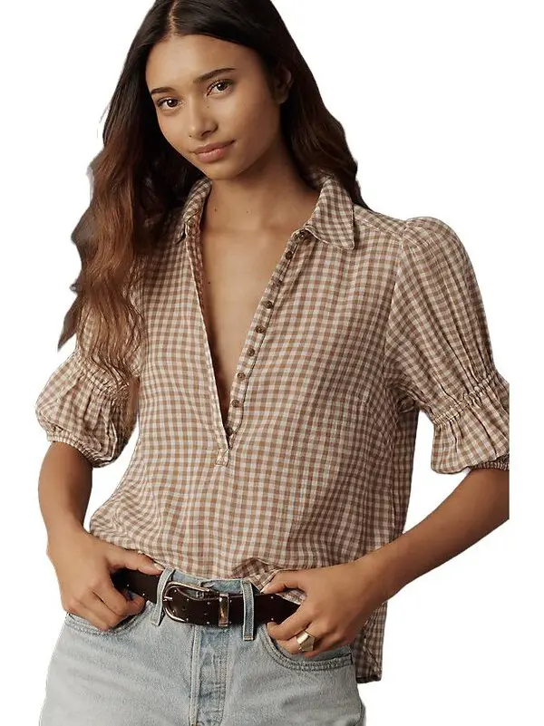 PILCRO Tallulah Puff Sleeve Buttondown Top - Tan