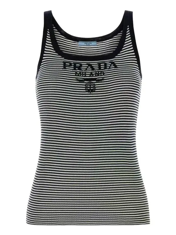 Prada Striped Embroidered Silk Tank Top - Black