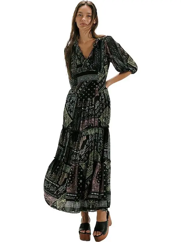 Free People Maxi Dress With Balloon Sleeves - Black Combo