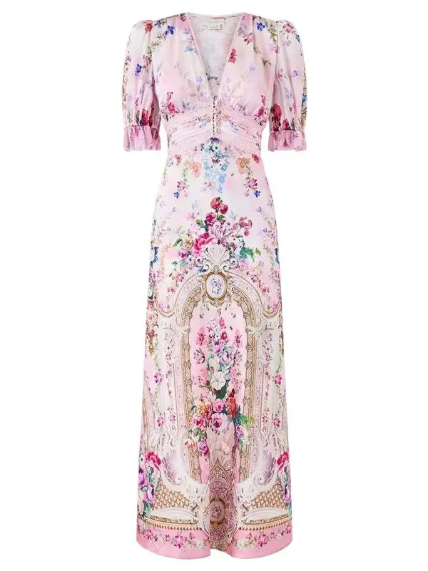 Camilla Bias Lace-insert Floral Midi Dress - Pink