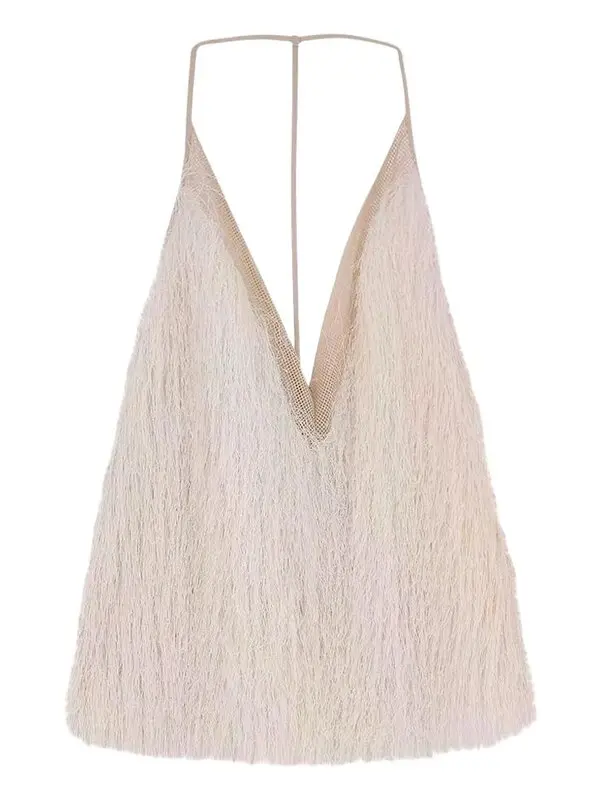 ALYSI Fringed V-neck Top - Neutrals