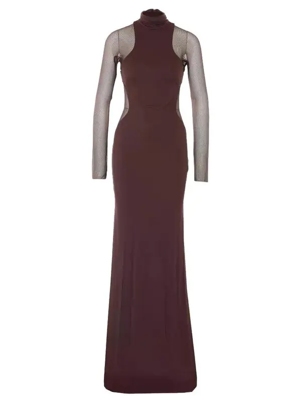 Elisabetta Franchi High-neck Dress With Transparent Sleeves - Brown