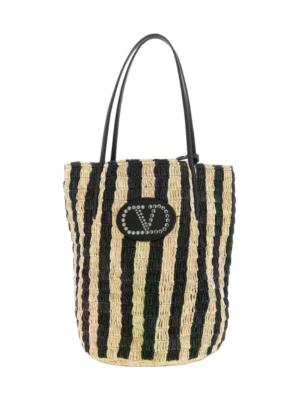 Valentino Garavani Striped Raffia Shopper - Black
