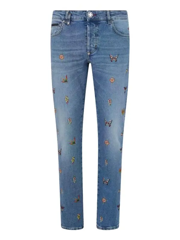 Philipp Plein Embroidered Straight Leg Jeans - Blue