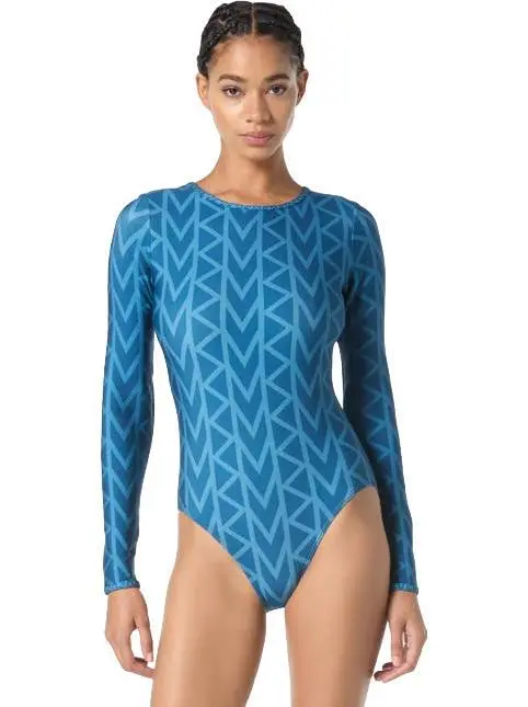 Michael Kors Twill Logo Long Sleeve One-piece Swimsuit - River Blue