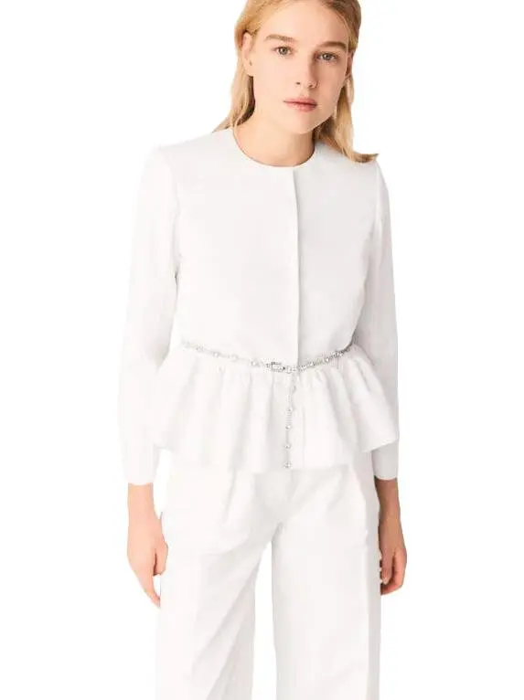 Maje Cropped Jacket With Jeweled Belt - White