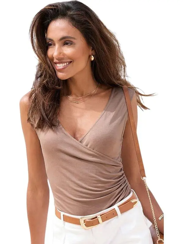 LASCANA Wrap Look Sleeveless Top - Taupe