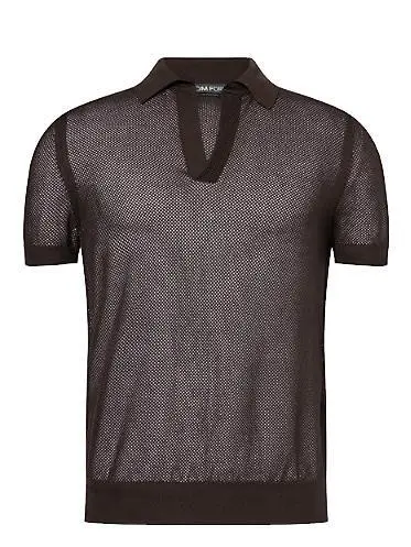 TOM FORD Open-collar Mesh Cotton And Silk-blend Polo Top - Chocolate