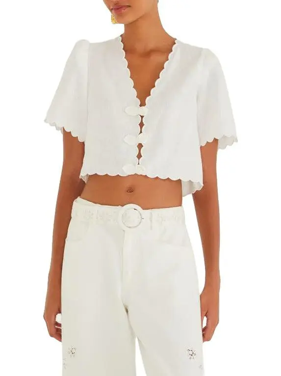 Farm Rio Roses Scallop Crop Top - Off-white