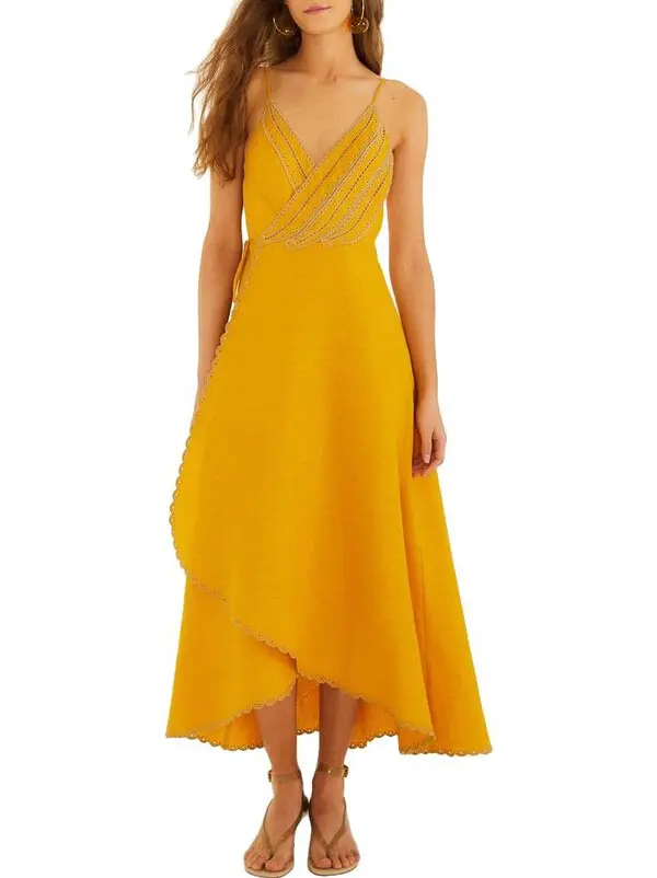 Farm Rio Bananas Embroidered Linen Maxi Wrap Dress - Yellow