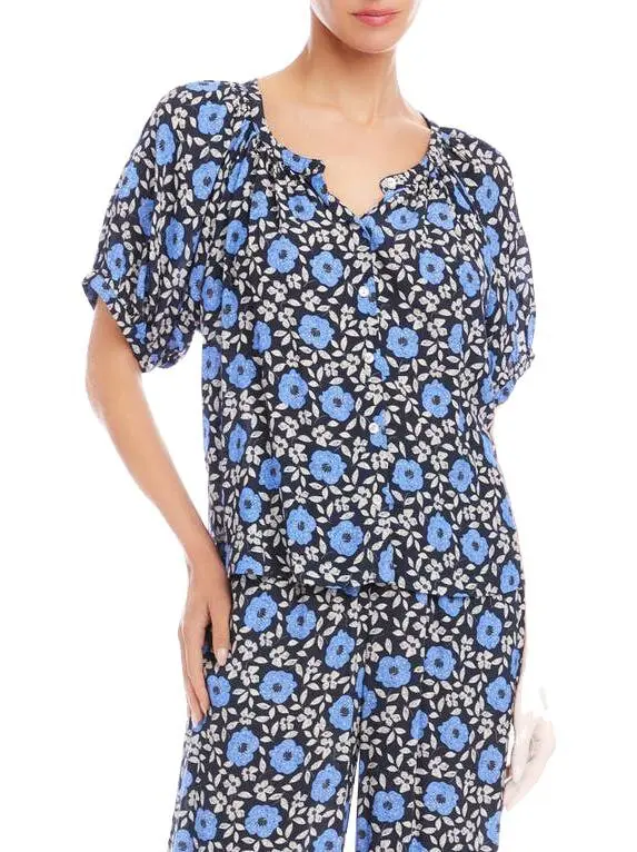 Karen Kane Floral Button-up Top - Blue Print