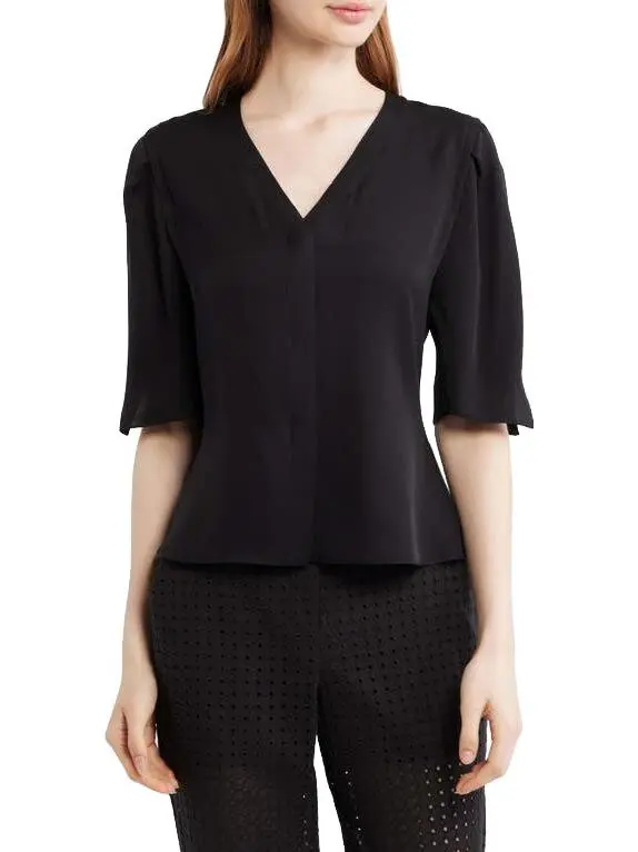 Theory Silk Round Sleeve Button-up Top - Black