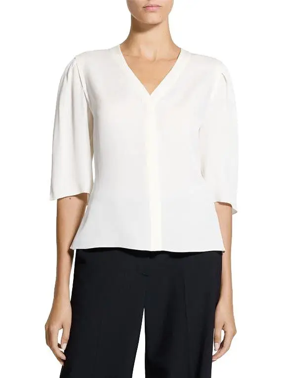 Theory Silk Round Sleeve Button-up Top - Ivory