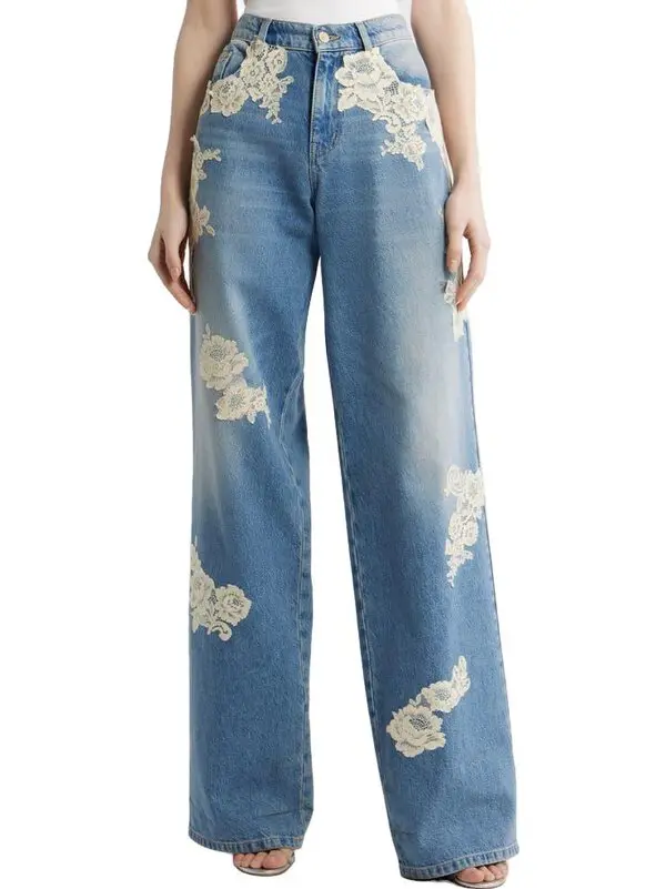LoveShackFancy Bambie Lace Wide Leg Jeans - Faded Blue