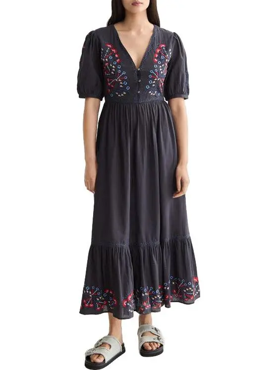 Scotch & Soda Embroidered Puff Sleeve Tiered Maxi Dress - Charcoal Art