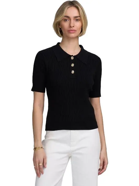 ELLE COLLECTION Fine Gauge Ribbed Henley Top - Black