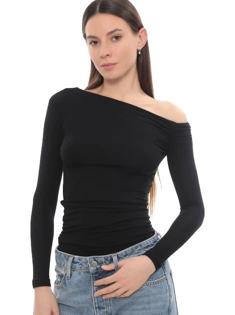MONLICIA Lune Asymmetric Off-shoulder Long Sleeve Stretch Top - Black