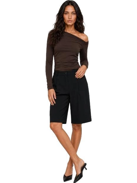 MONLICIA Lune Asymmetric Off-shoulder Long Sleeve Stretch Top - Brown