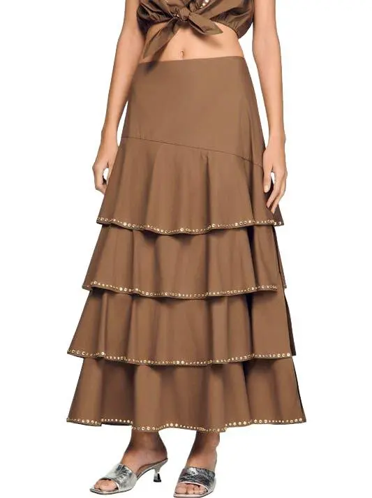 Sandro Long Ruffled Rhinestone Skirt - Brown