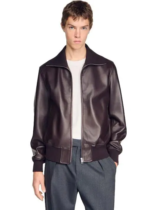 Sandro Zipped Leather Jacket - Chocolate