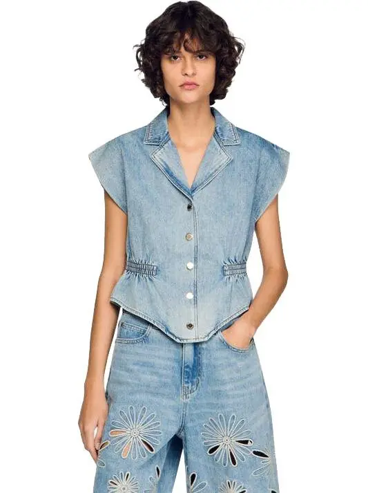 Sandro Fitted Denim Top - Blue Jean