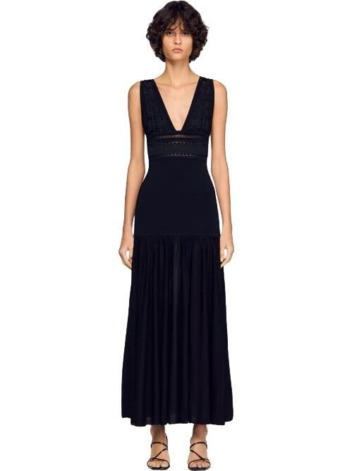 Sandro Flared Knit Maxi Dress With Ruffled Skirt - Black