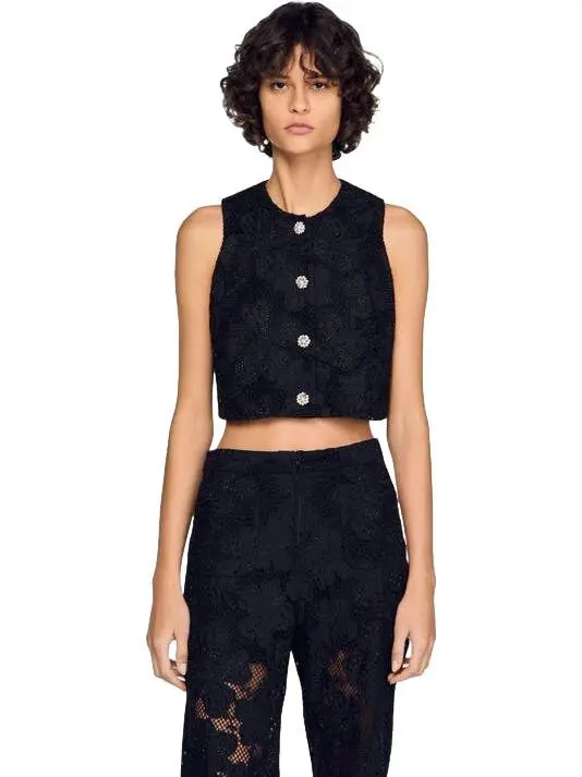 Sandro Embroidered Guipure Crop Top - Black