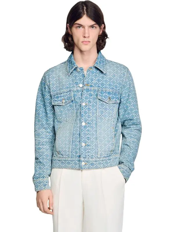 Sandro Square Cross Jacquard Denim Jacket - Sky Blue
