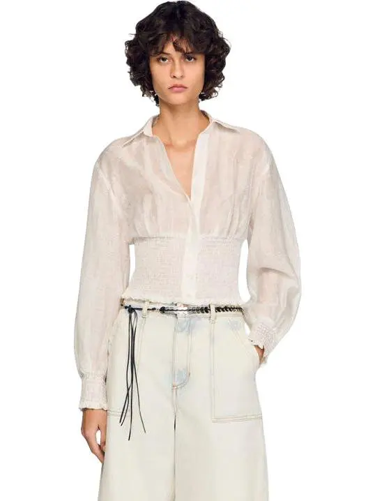 Sandro Smocked Linen Cropped Shirt - White