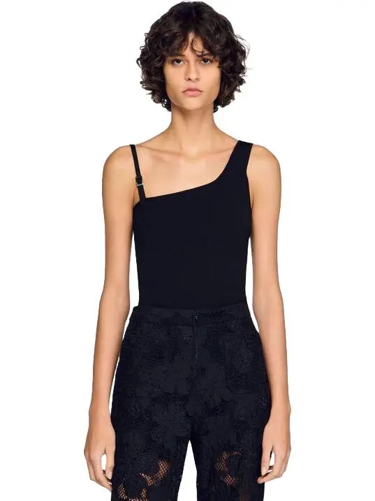 Sandro Asymmetric Knit Top With Strap - Black