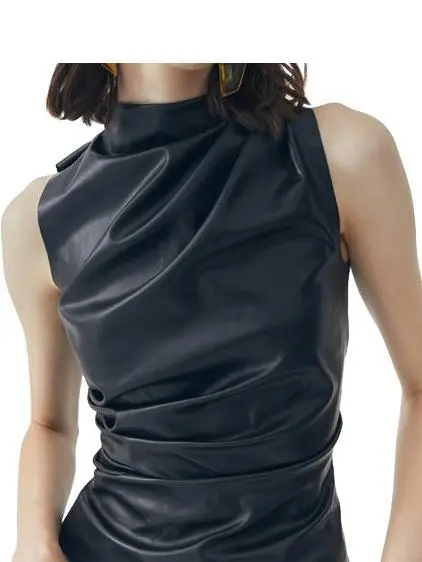 ATS Leather Tank With Ruched Detail - Black