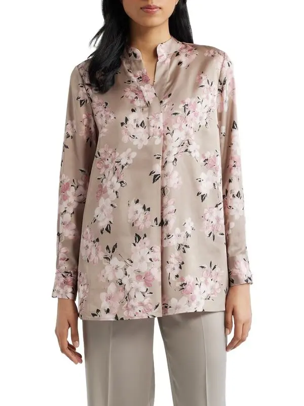 Anne Klein Printed Popover Satin Top - Porcini Multi