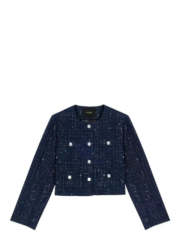 Maje Buttoned Tweed Blazer - Blue