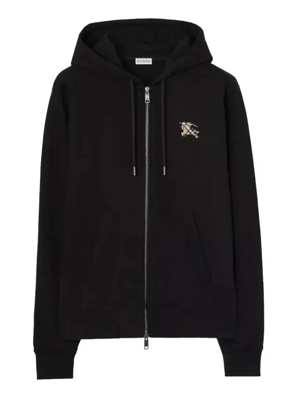 Burberry Check Knight Stamp Cotton Zip Hoodie - Black