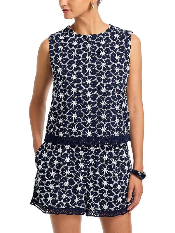 Aqua Floral Print Sleeveless Top - Navy/white