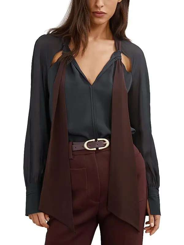 REISS Jasmine Tie Neck Blouse - Navy/burgundy