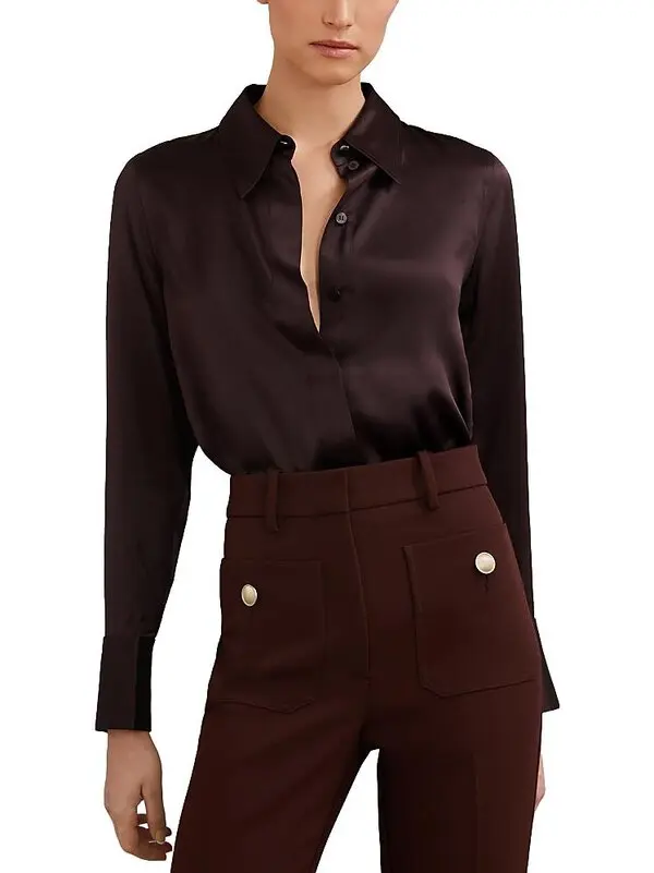 REISS Ameira Silk Satin Shirt - Burgundy