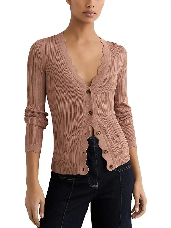 REISS Vinny Scallop Detail Cardigan - Pink